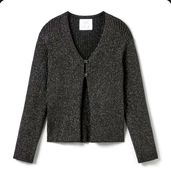 Zara | Shirts & Tops | Zara Girls Sparkle Cardigan Black Silver Gold ...